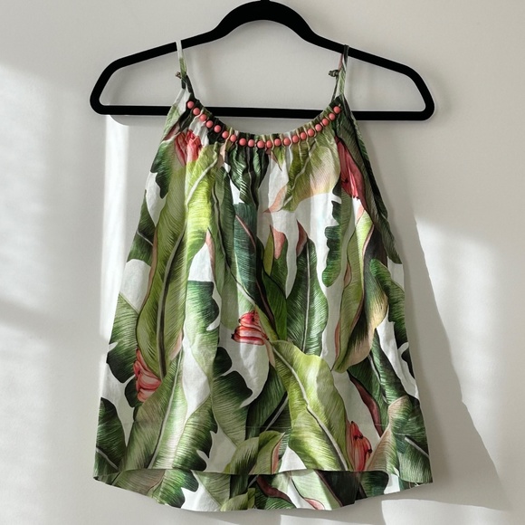 FARM Rio | Tops | Farm Rio Pink Palms Linen Blend Beaded Tropical ...